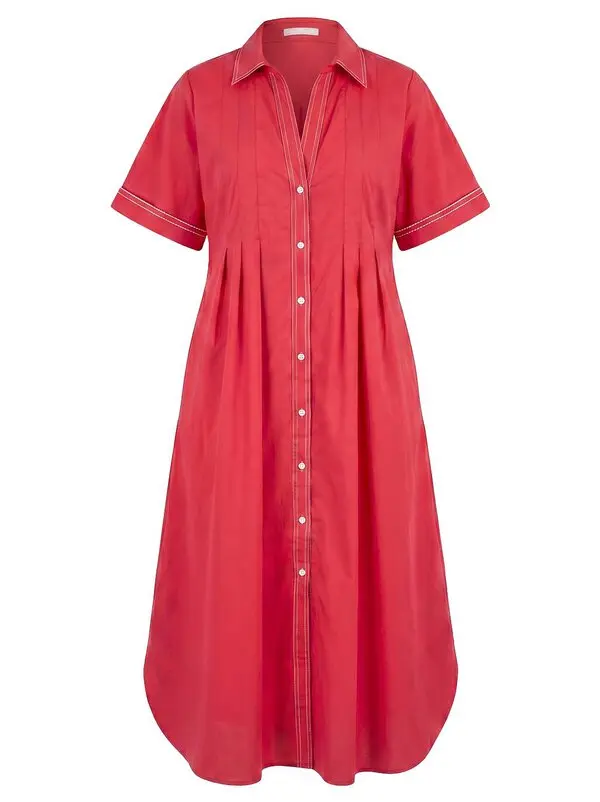 Adrift Clothing Bridget Pleated Shirt Dress In Poplin - Red