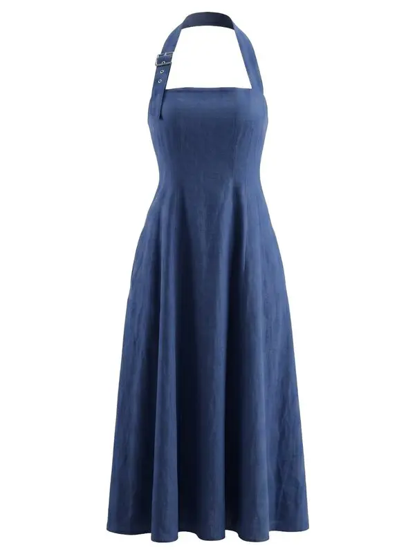 Yumi Kim Linen Halterneck Midi Dress - Blue