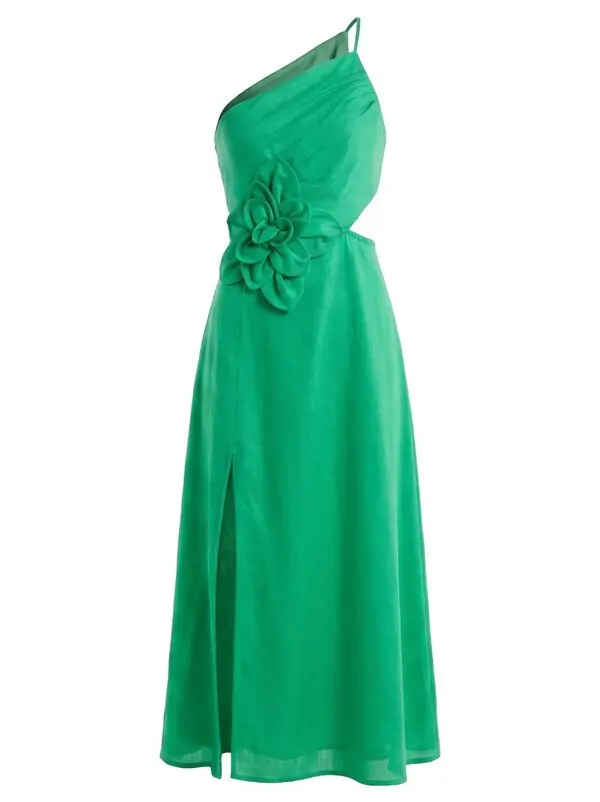 Yumi Kim One-shoulder Midi Dress With Rose Detail And Slit - Green