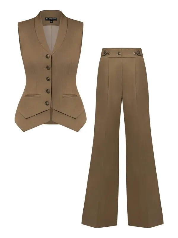 TIA DORRAINE Fitted Waistcoat And Flared Trousers Set In Luxurious Linen - Green