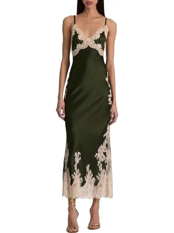 Alice + Olivia Julietta Lace Trim Slip Midi Dress - Dark Fern/biscotti