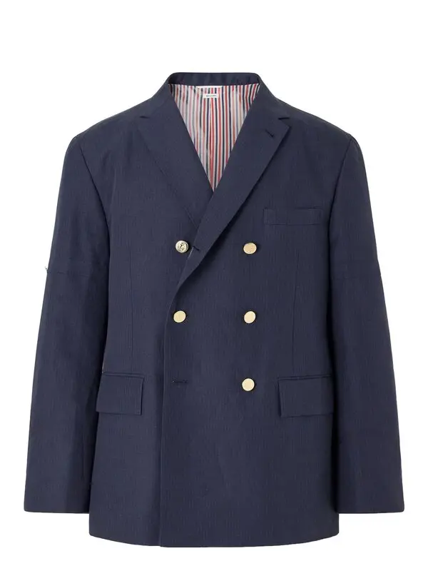 Thom Browne Double-breasted Striped Cotton And Linen-blend Blazer - Blue