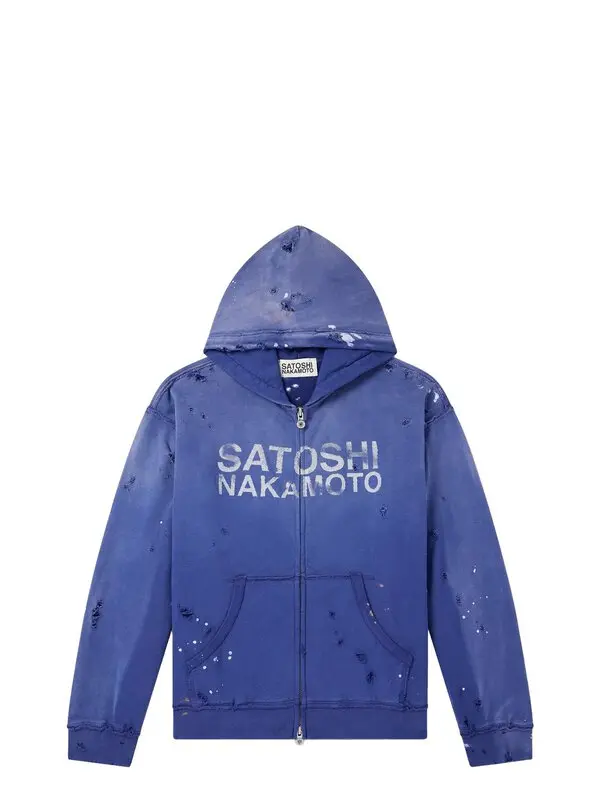 SATOSHI NAKAMOTO Luke Logo-printed Cotton-fleece Zip-up Hoodie - Blue