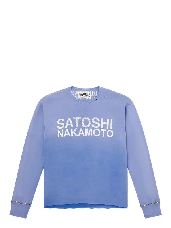 SATOSHI NAKAMOTO Logo-printed Studded Cotton-fleece T-shirt - Blue