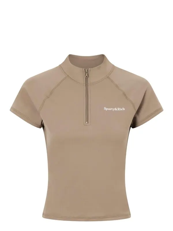 SPORTY & RICH Logo-print Stretch-jersey Half-zip T-shirt - Sand