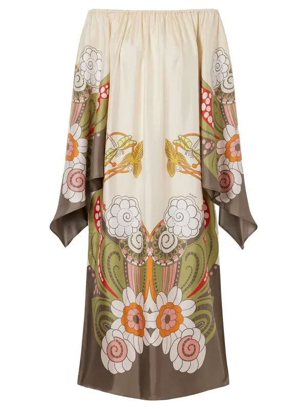La DoubleJ Goddess Printed Off-the-shoulder Silk-twill Midi Dress - Cream