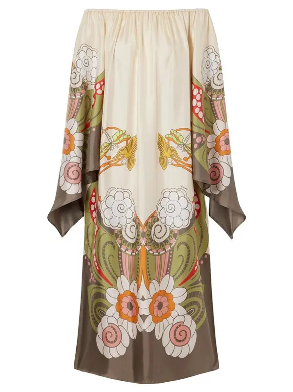 La DoubleJ Goddess Printed Off-the-shoulder Silk-twill Midi Dress - Neutrals