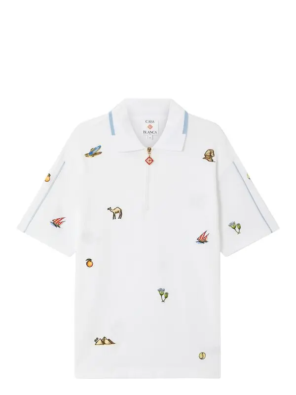 Casablanca White Icon Quarter Zip Embroidered Short Sleeve Polo Shirt - Light Blue
