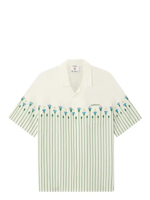 Casablanca Linen Floral Stripe Sporty Short Sleeve Shirt - Green