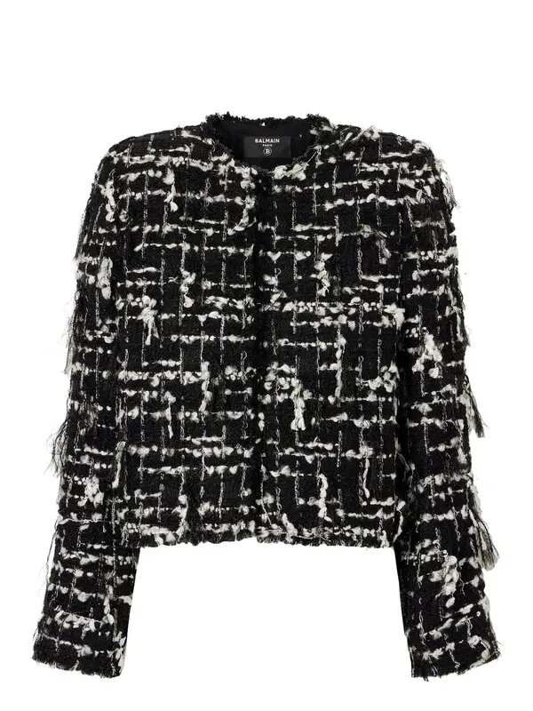 Balmain Cropped Embellished Metallic Tweed Jacket - Black