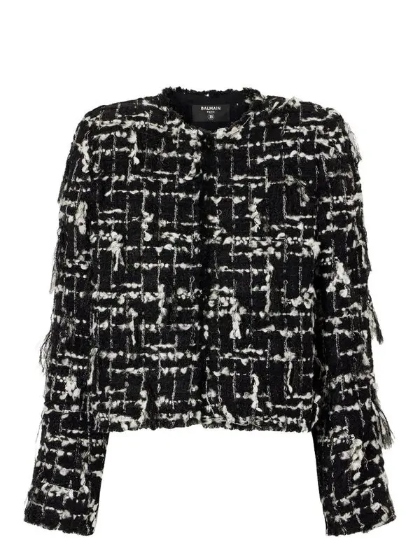 Balmain Cropped Embellished Metallic Tweed Jacket - Black
