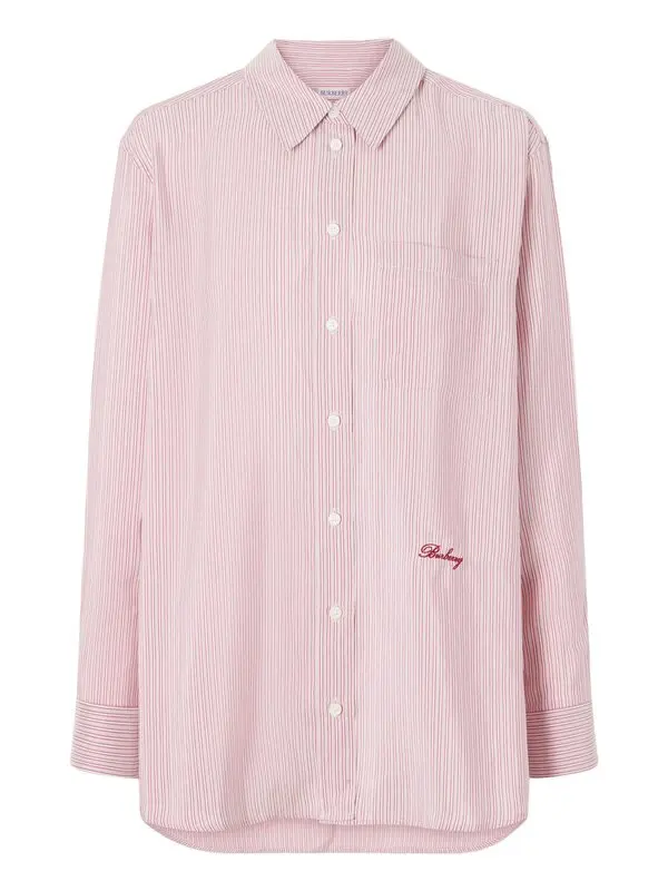 Burberry Logo Embroidered Striped Silk Shirt - Pink