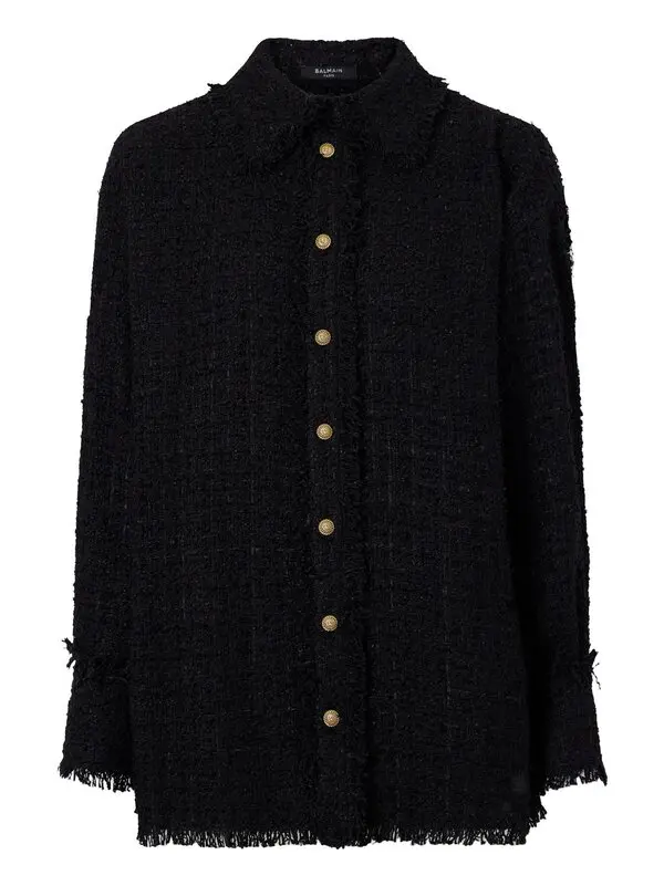 Balmain Cotton-blend Tweed Shirt With Raw Edges - Black