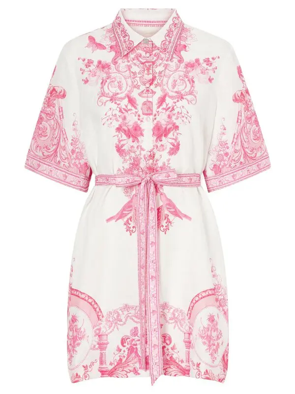 Camilla Linen Mini Shirt Dress With Baroque Floral Print And Embellishments - Pink