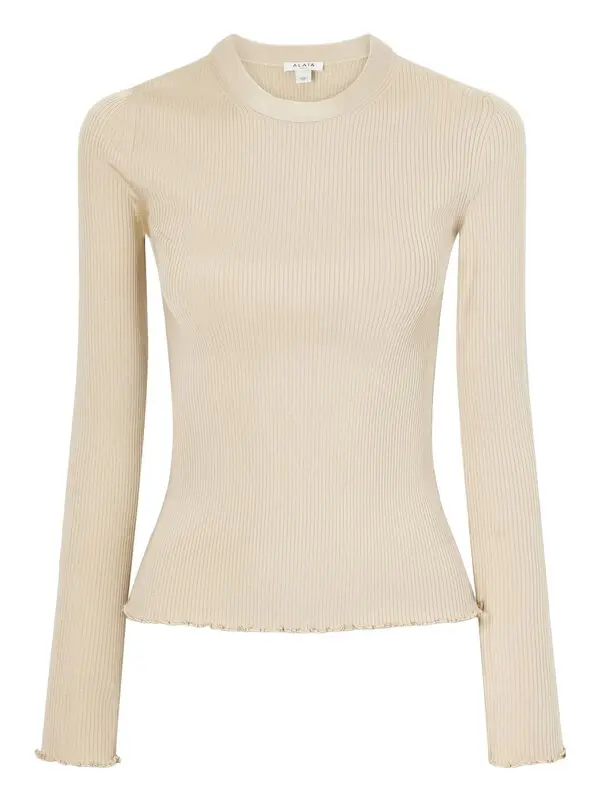 Alaïa Ribbed Silk-blend Top With Lettuce Hem - Neutrals