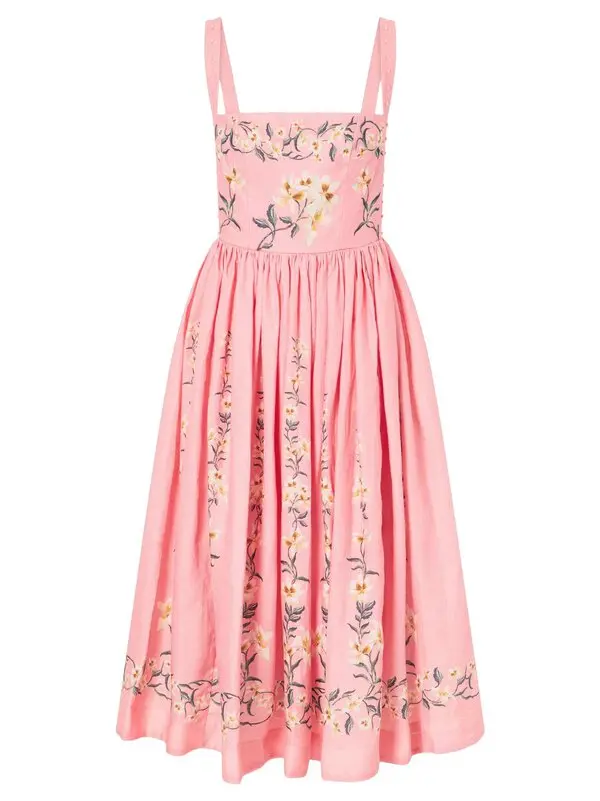 Agua Bendita Linen Floral-print Midi Dress With Bead Embellishments - Pink