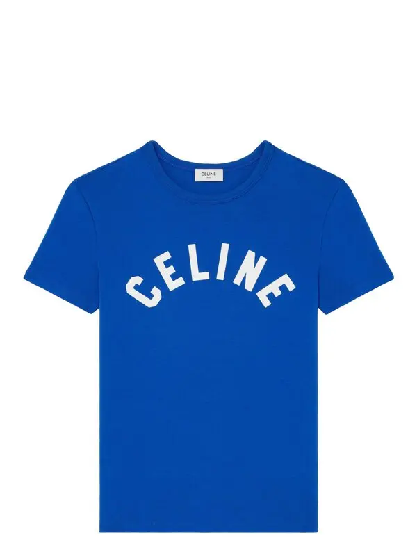 Celine Ribbed Cotton Jersey T-shirt With Logo - Light Blue/white