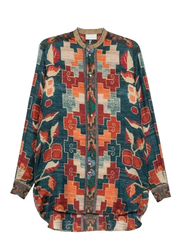 PIERRE-LOUIS MASCIA Geometric Print Stand Collar Long Sleeve Shirt - Multicolor