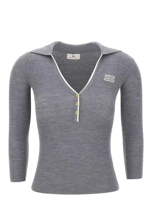 Elisabetta Franchi Ribbed Knit Polo Top - Grey