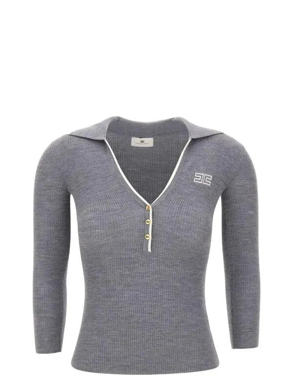 Elisabetta Franchi Ribbed Knit Polo Top - Grey