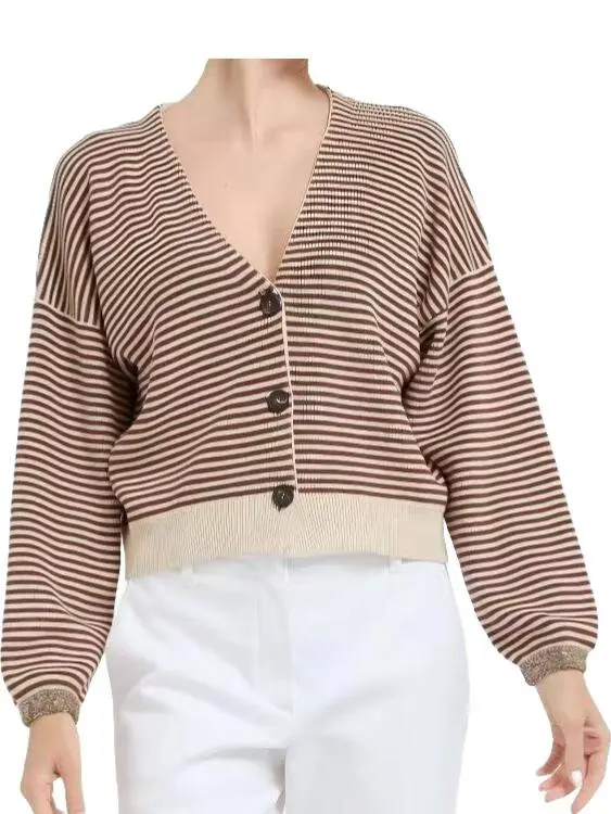 Brunello Cucinelli Long Sleeve Striped Cardigan - Nude