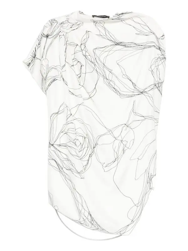 Fabiana Filippi Short-sleeved T-shirt With Floral Print And Asymmetrical Hem - White