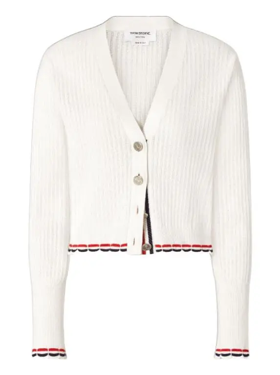 Thom Browne V-neck Rib-stitch Cardigan With Rwb Trim - White