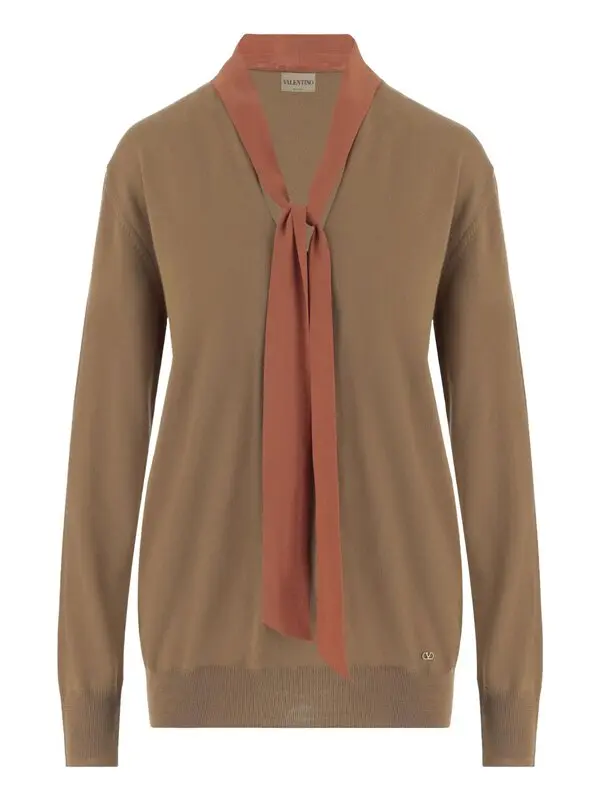 Valentino Garavani Long Sleeve Knit Top With Logo Detail - Brown