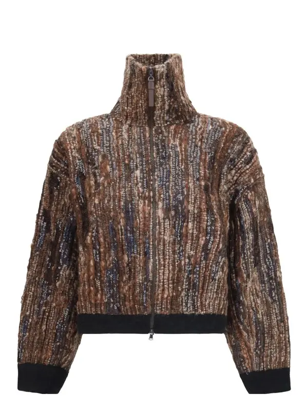 Brunello Cucinelli High Neck Zip-up Cardigan With Sequins - Brown