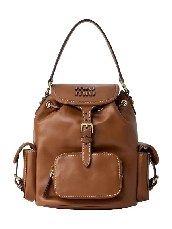 Miu Miu Logo Leather Backpack - Cognac