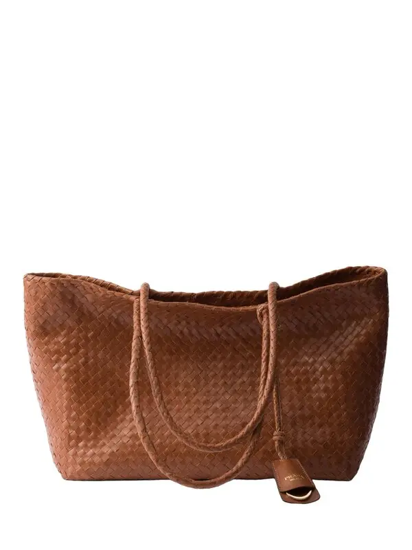 Prada Large Woven Leather Tote Bag - Brown
