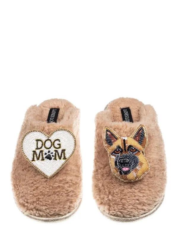 LAINES LONDON Teddy Towelling Closed Toe Slippers With German Shepherd And Dog Mum Brooches - Brown