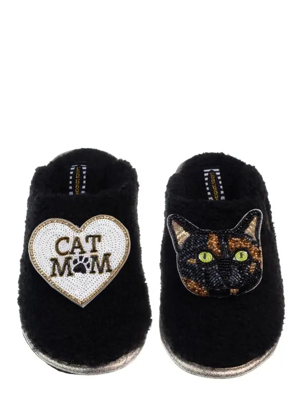 LAINES LONDON Teddy Towelling Slippers With Cat Brooches - Black