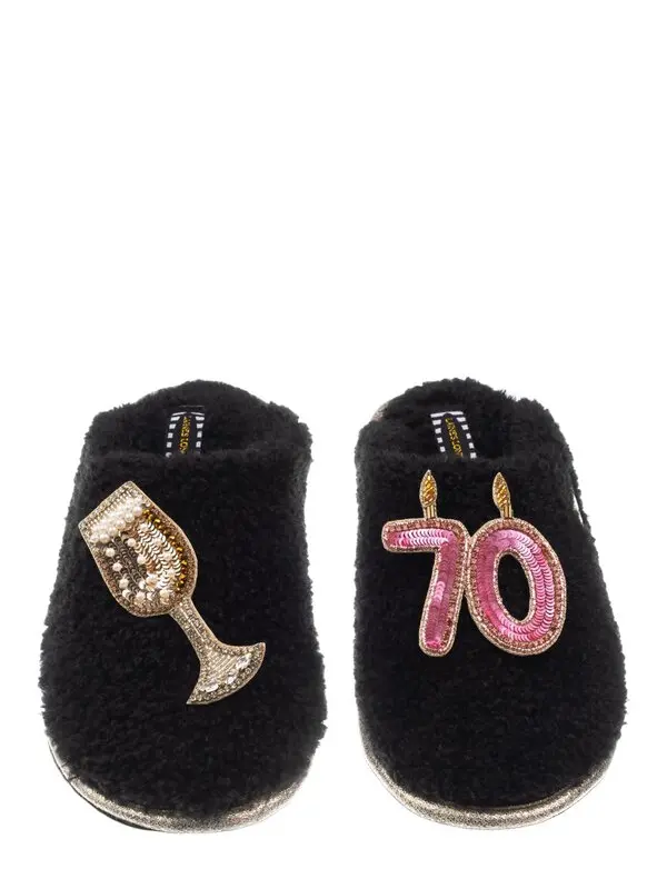 LAINES LONDON Teddy Towelling Slippers With 70th Birthday And Champagne Glass Brooches - Black