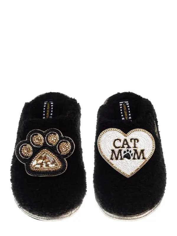 LAINES LONDON Teddy Towelling Closed Toe Slippers With Paw And Cat Mom Brooches - Black