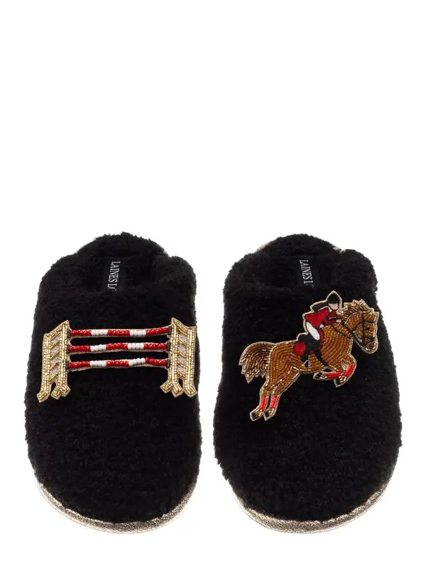 LAINES LONDON Teddy Towelling Closed Toe Slippers With Show Jump Horse Brooches - Black