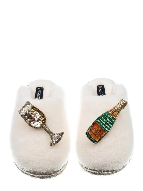 LAINES LONDON Teddy Towelling Slippers With Champagne Brooches - White