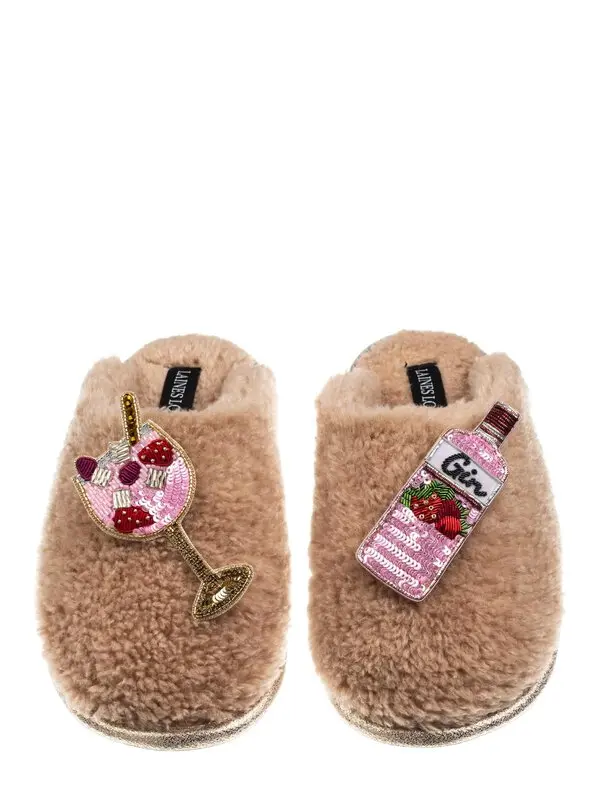 LAINES LONDON Teddy Closed Toe Slippers With Gin & Fruit Glass Brooches - Brown