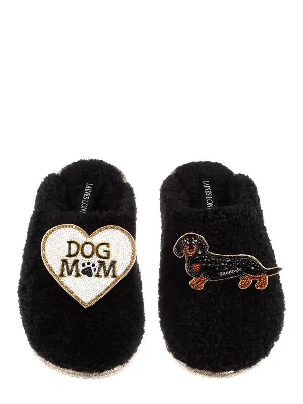 LAINES LONDON Teddy Towelling Closed Toe Slippers With Dachshund Brooch - Black