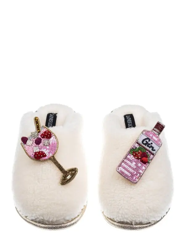 LAINES LONDON Teddy Towelling Closed Toe Slippers With Gin & Fruit Glass Brooches - White