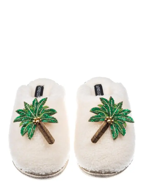 LAINES LONDON Teddy Towelling Closed Toe Slippers With Palm Tree Brooches - White