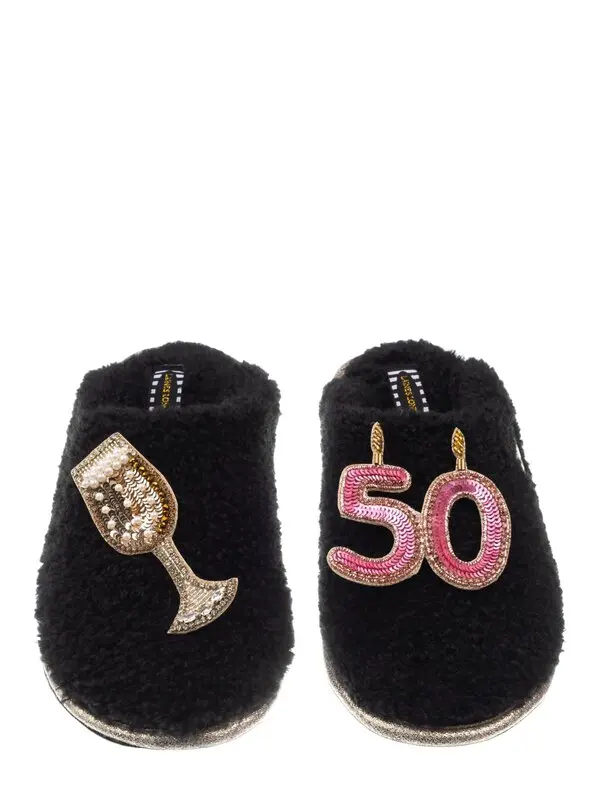 LAINES LONDON Teddy Towelling Slippers With Champagne Glass And "50" Brooches - Black
