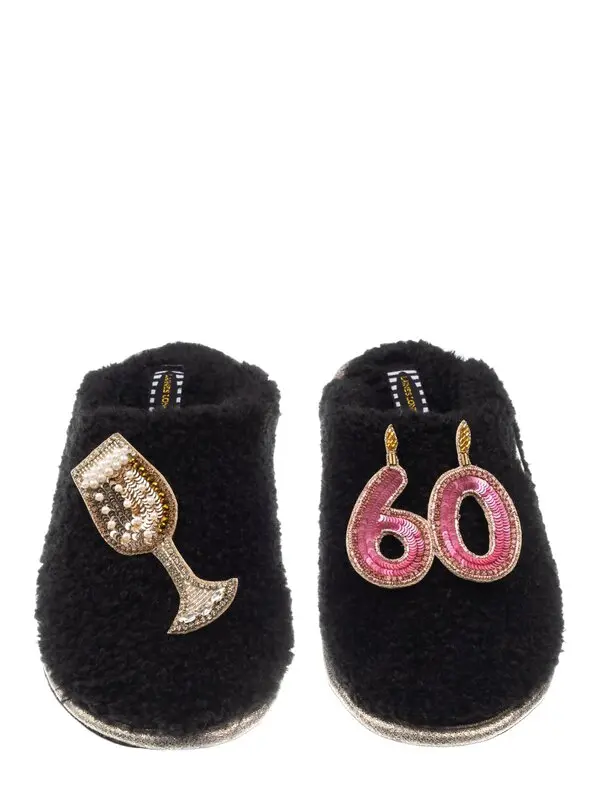 LAINES LONDON Teddy Closed Toe Slippers With Champagne Glass And '60' Brooches - Black