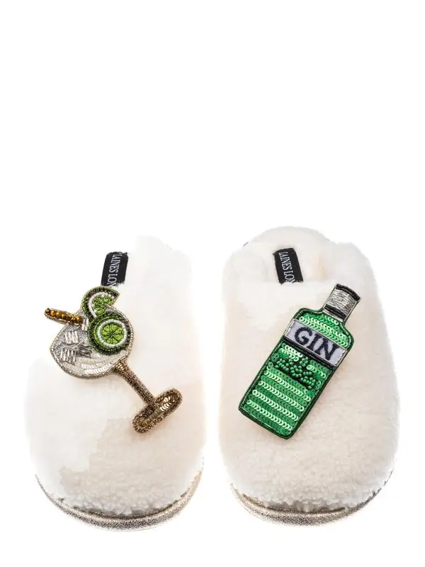 LAINES LONDON Teddy Slippers With Gin & Glass Brooches - White