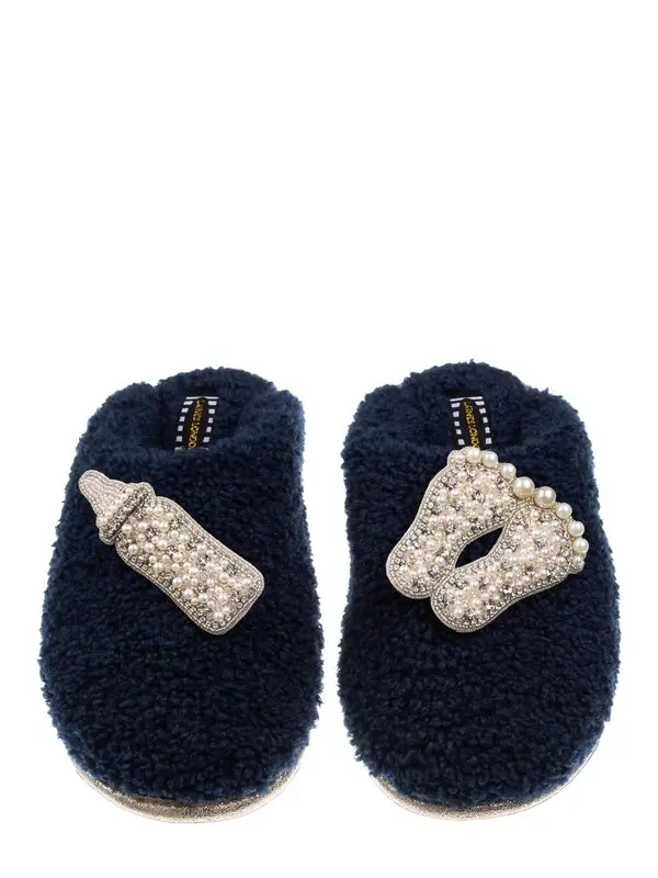 LAINES LONDON Teddy Slippers With Pearl Baby Brooches - Blue