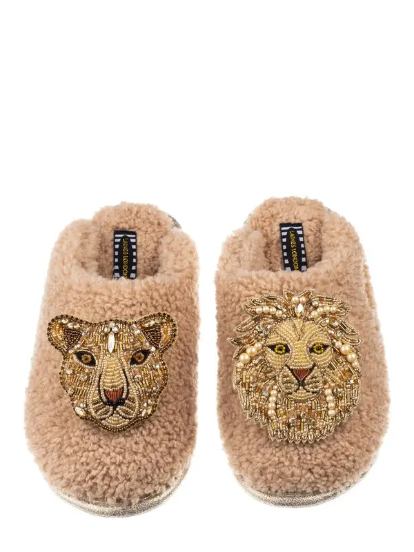 LAINES LONDON Teddy Towelling Closed Toe Slippers With Artisan Gold Lion & Lioness Brooches - Brown