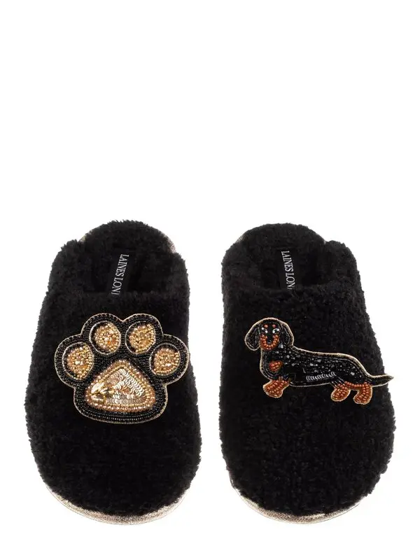 LAINES LONDON Teddy Towelling Closed Toe Slippers With Dachshund And Paw Brooches - Black