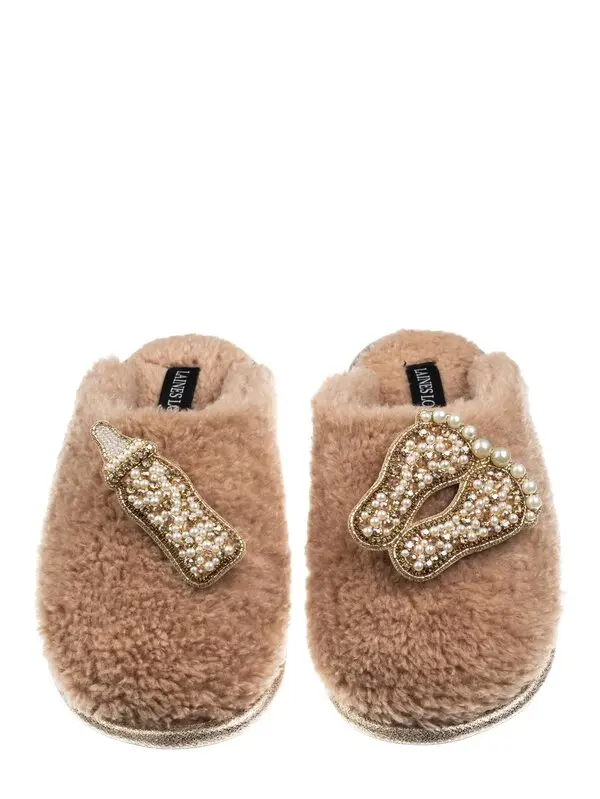 LAINES LONDON Teddy Towelling Closed Toe Slippers With Gold Baby Brooches - Brown