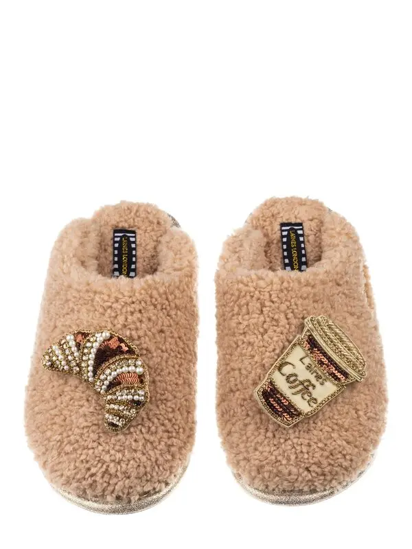 LAINES LONDON Teddy Towelling Slippers With Croissant And Coffee Brooches - Brown