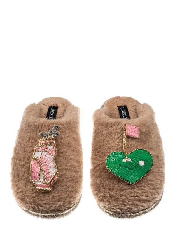 LAINES LONDON Teddy Towelling Closed Toe Slippers With Golf Brooches - Brown